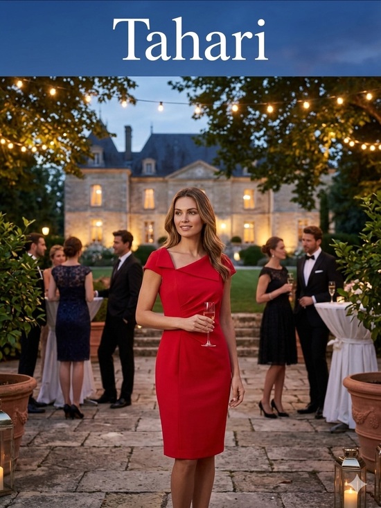 Tahari | Dresses | Tahari Red Asymmetricneck Midi Sheath Dress | Poshmark